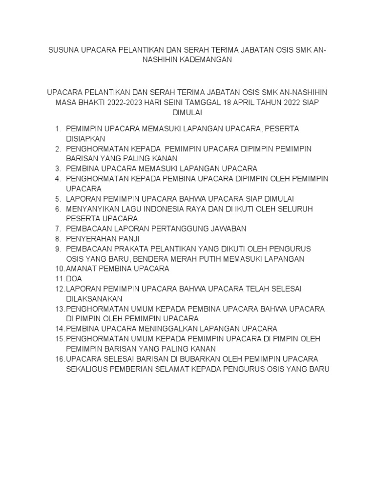 Susuna Upacara Pelantikan Dan Serah Terima Jabatan Osis | PDF Susuna Upacara Pelantikan Dan Serah Terima Jabatan Osis | PDF