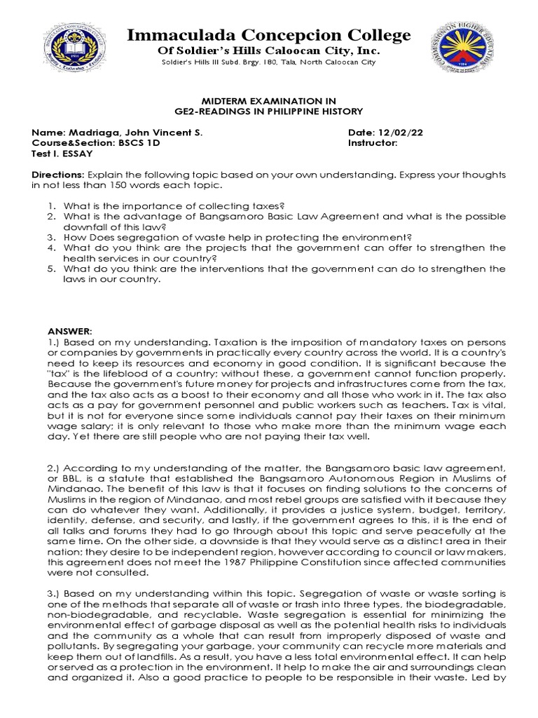 Madriaga, John Vincent S. BSCS 1D MIDTERM EXAM GE2 | PDF | Waste | Recycling