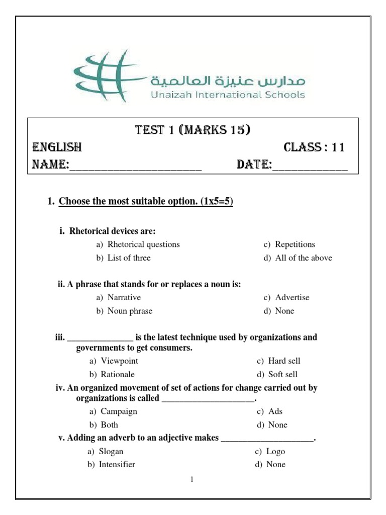 Eng Class 11 Test 1 | PDF | Grammar | Languages