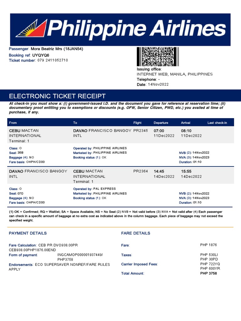 Electronic Ticket Receipt for Travel Between Cebu and Davao on ...