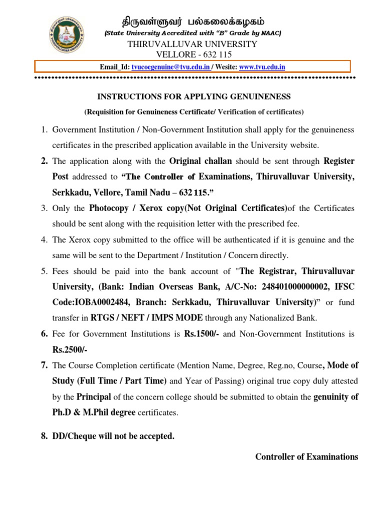 Thiruvalluvar University Genuineness Guide | PDF