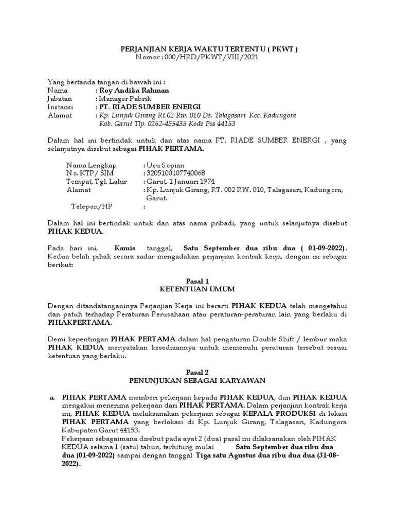 Perjanjian Kerja Waktu Tertentu (PKWT) | PDF | Hukum