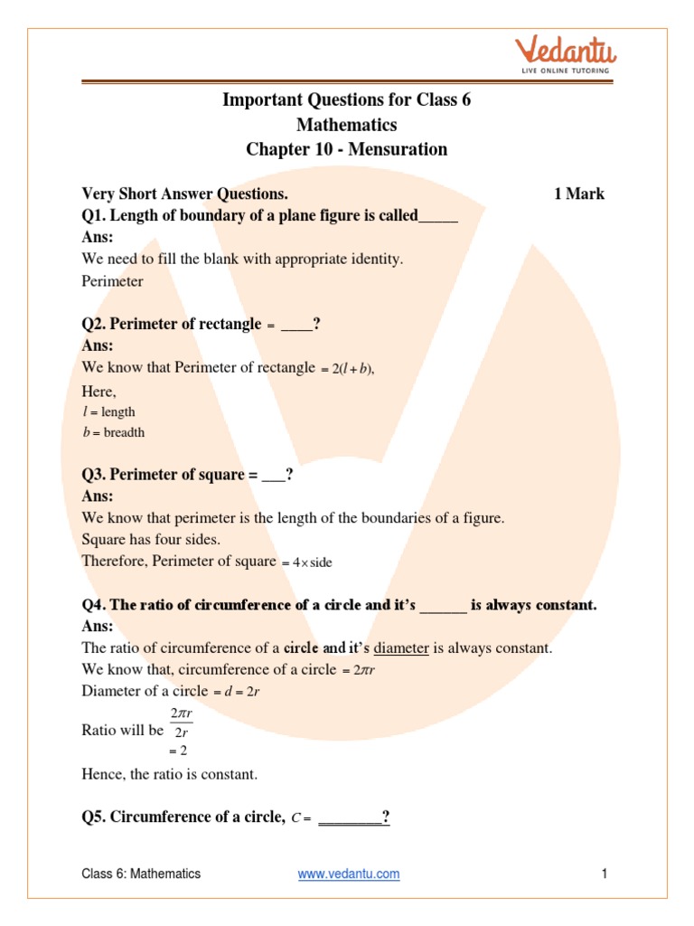 CBSE Class 6 Maths Chapter 10 - Mensuration Important Questions 2022-23 ...