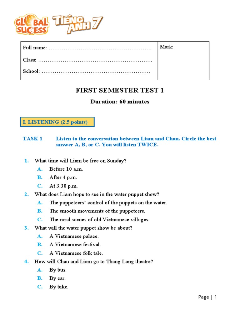End-Of-term Test 1 (Semester 1) | PDF | Science | Schools