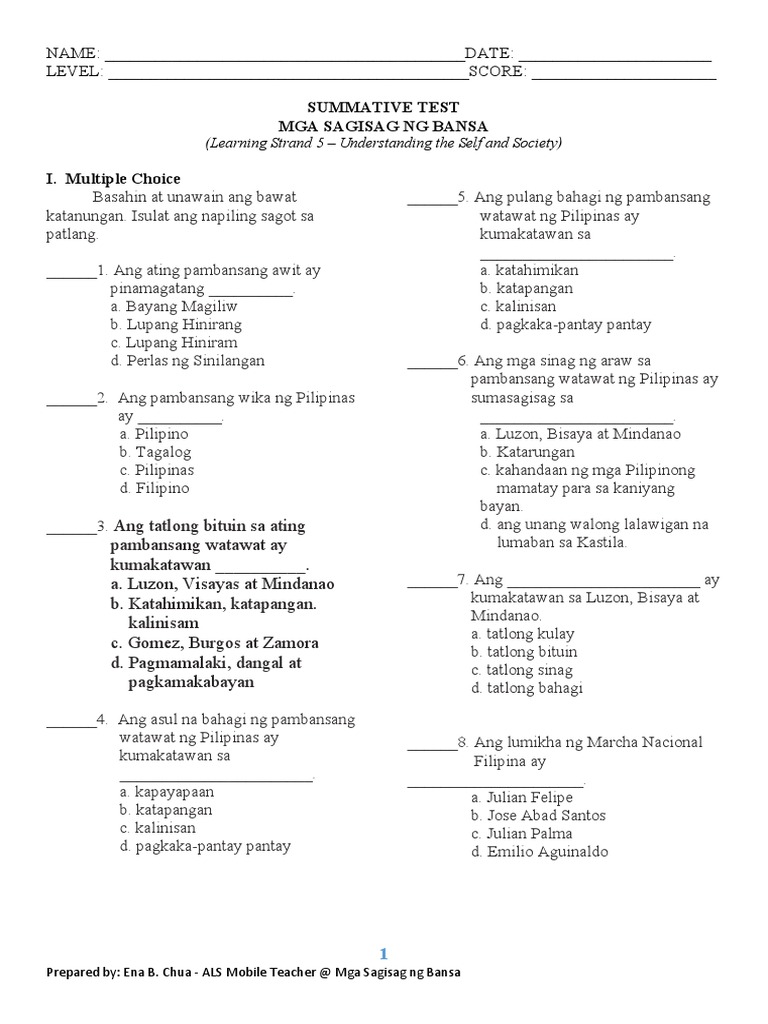 Mga Sagisag NG Bansa Summative Test Updated | PDF