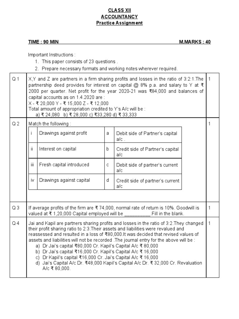 Class Xii Accountancy Practice Assignment | PDF | Debits And Credits ...