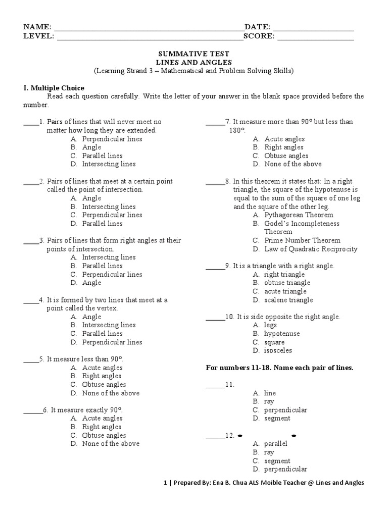 Summative Test Lines and Angles | Download Free PDF | Triangle ...