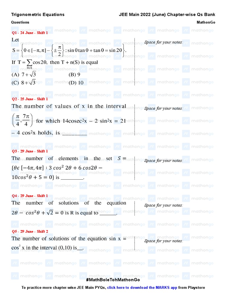 JEE Main Trigonometry Qs Bank | PDF | Mathematics | Equations