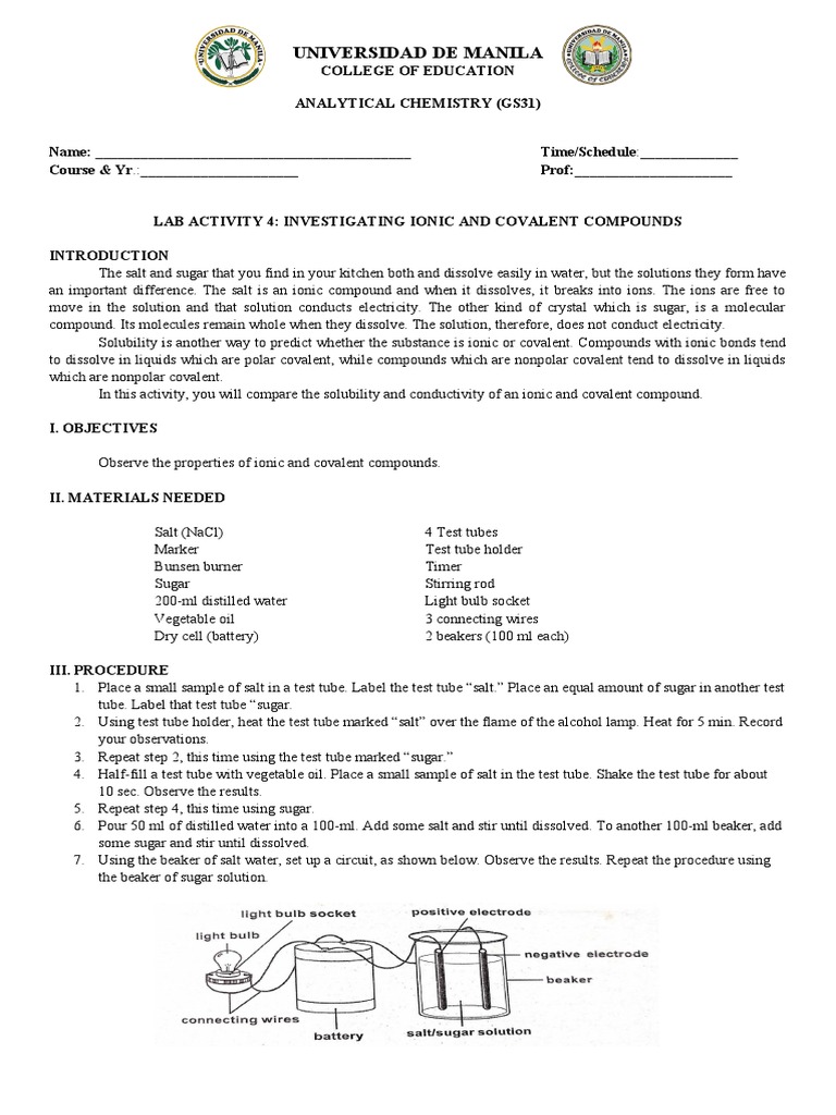 LAB 4 Investigating Ionic and Covalent Compounds | PDF | Chemical ...