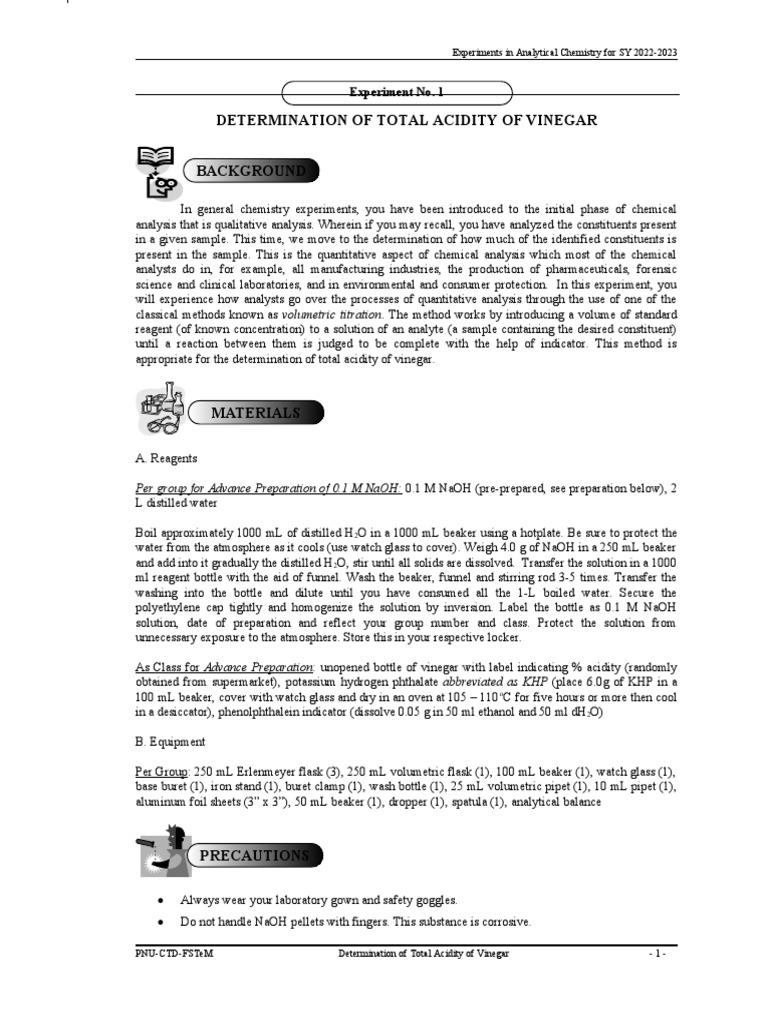 1 Vinegar Analysis | PDF | Titration | Chemistry