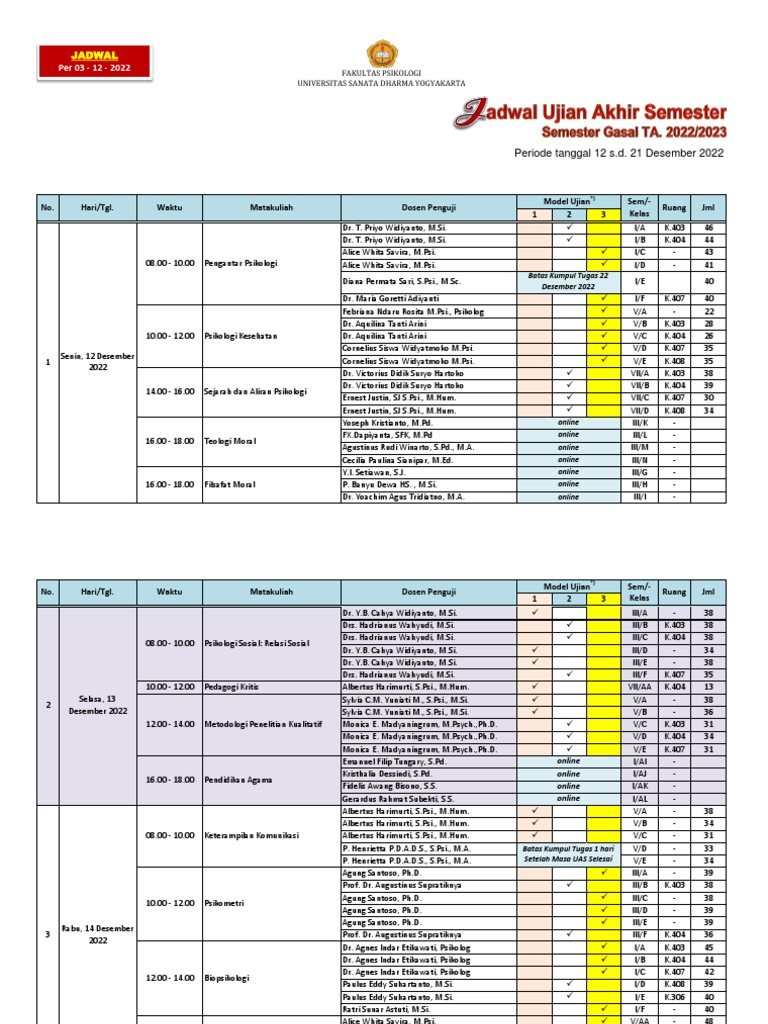 Jadwal Uas Gasal 2022-2023 - Rev | PDF