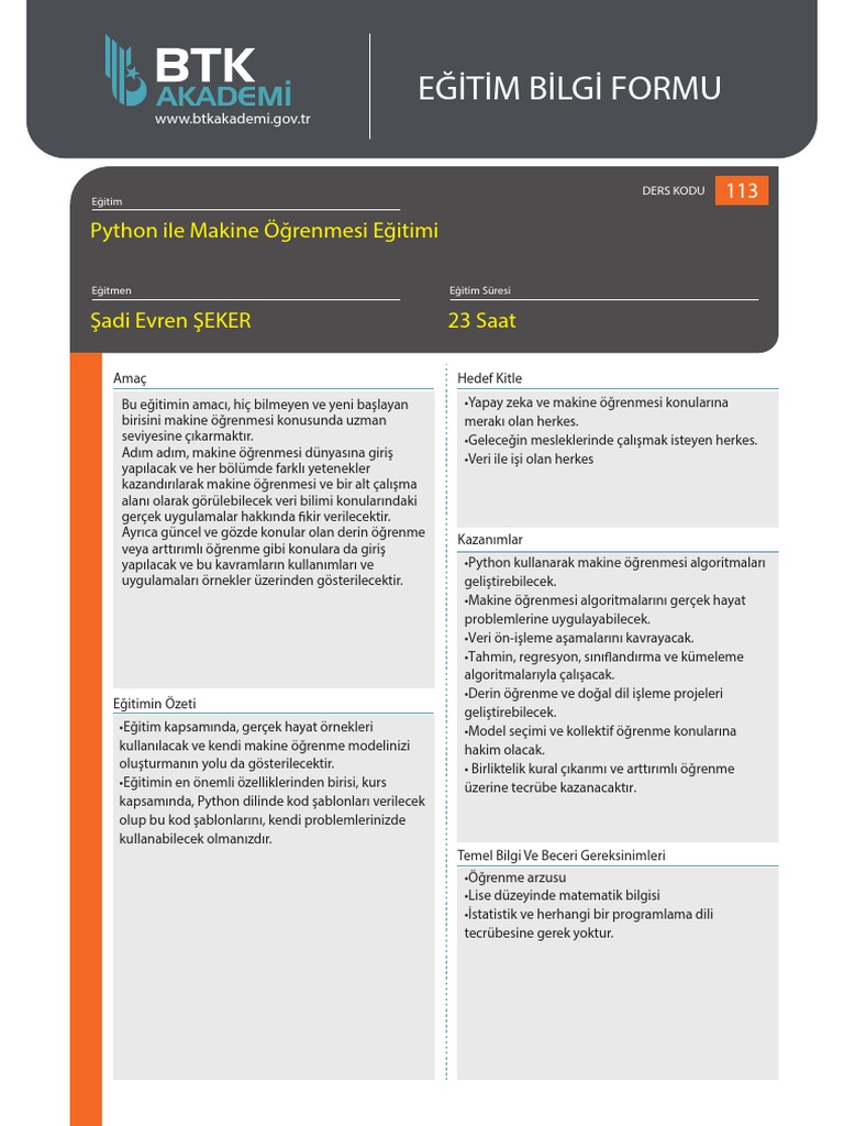 Python Ile Makine Ögrenmesi Egitim Bilgi Formu | PDF