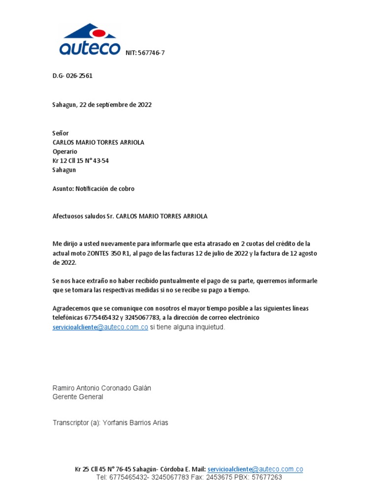Carta Notificacion de Cobro | PDF