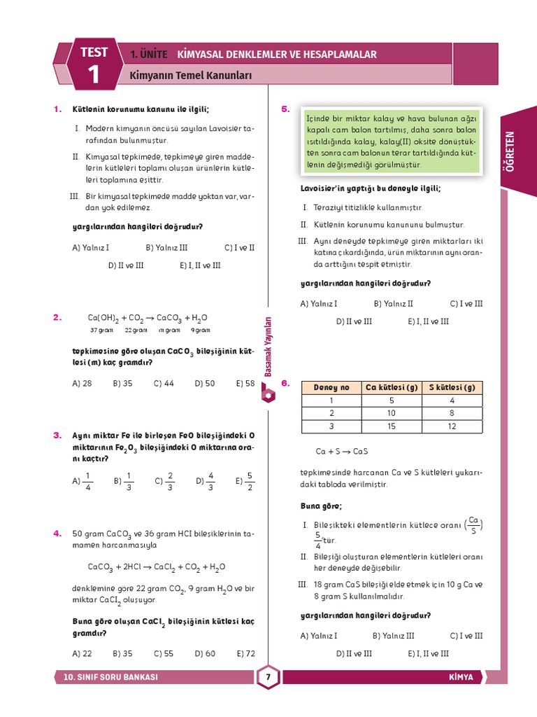 Sınıf Kimya Soru Bankası - Ornek | PDF