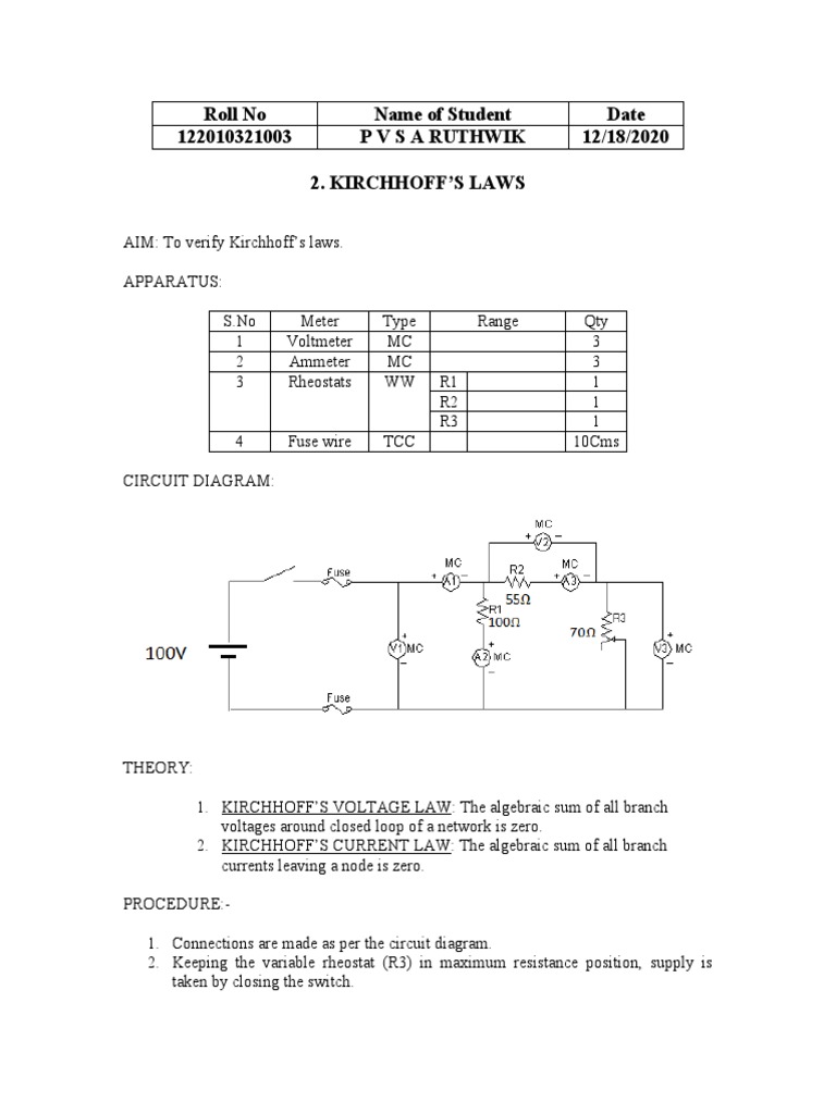 Verification of Kirchhoff's Laws Through a Circuit Experiment | PDF
