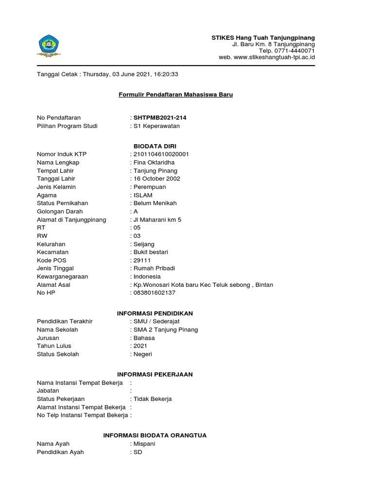 FORM PMB STIKES Hang Tuah Tanjungpinang | PDF