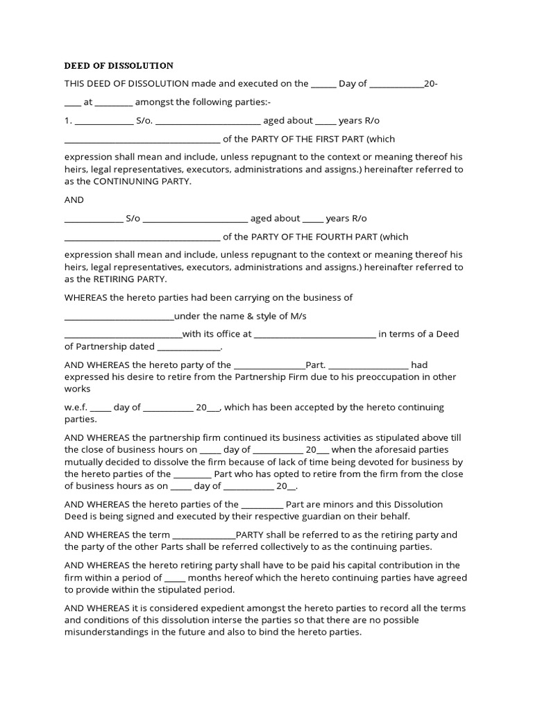 Partnership Dissolution Deed Template | PDF | Partnership | Civil Law ...