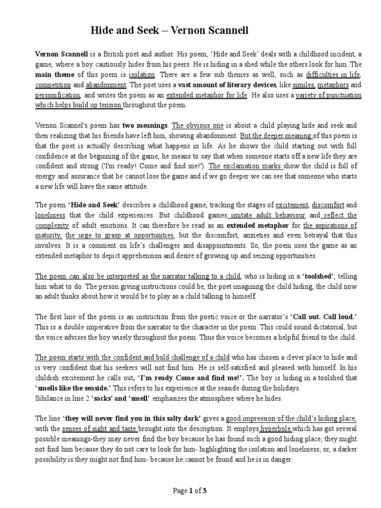 Hide And Seek Notes Pdf Poetry