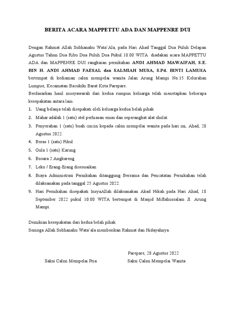 Berita Acara Mappettu Ada Dan Mappenre Dui | PDF | Perjalanan | Sains ...