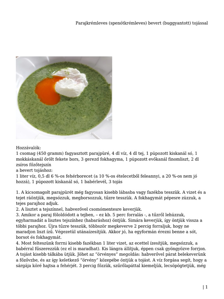 Parajkrémleves (Spenótkrémleves) Bevert (Buggyantott) Tojással | PDF