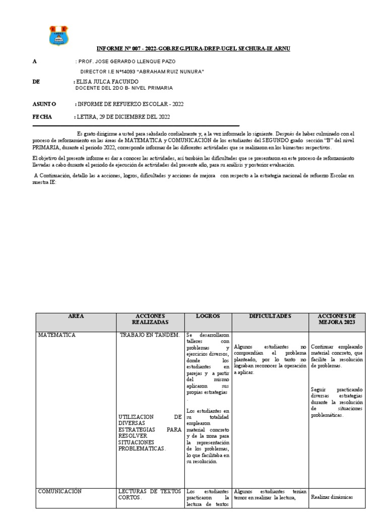 Informe Refuerzo Escolara Segundo Grado | PDF | Cognición | Lingüística