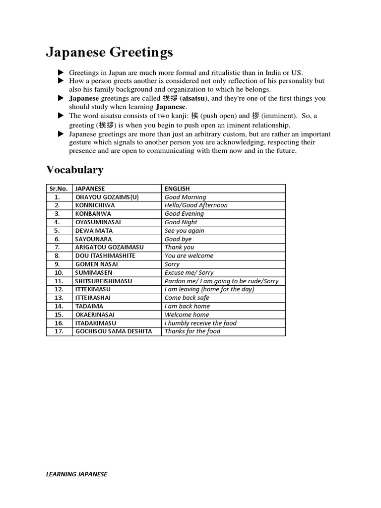 Japanese Greetings & Vocabulary Guide | PDF | Japanese Language | Human ...