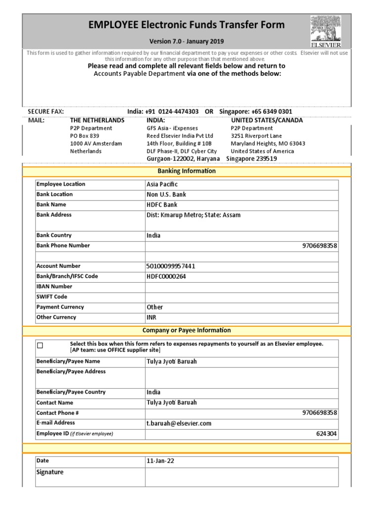 Electronic Funds Transfer Form Employee | PDF | Banks | Banking