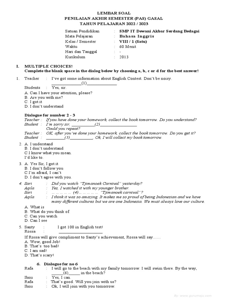 Soal PAS B.Ing Kelas 8 K13 Semester 1 EDI | PDF | Food Industry | Food And Drink