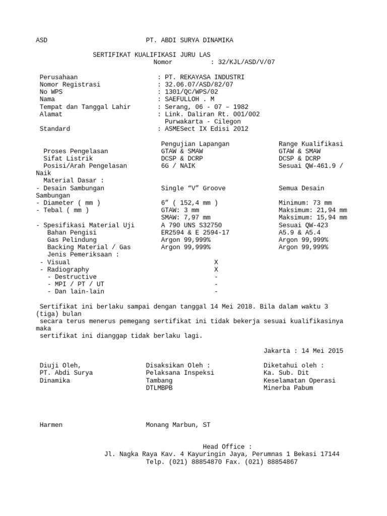 Sertifikat Kualifikasi Juru Las | PDF