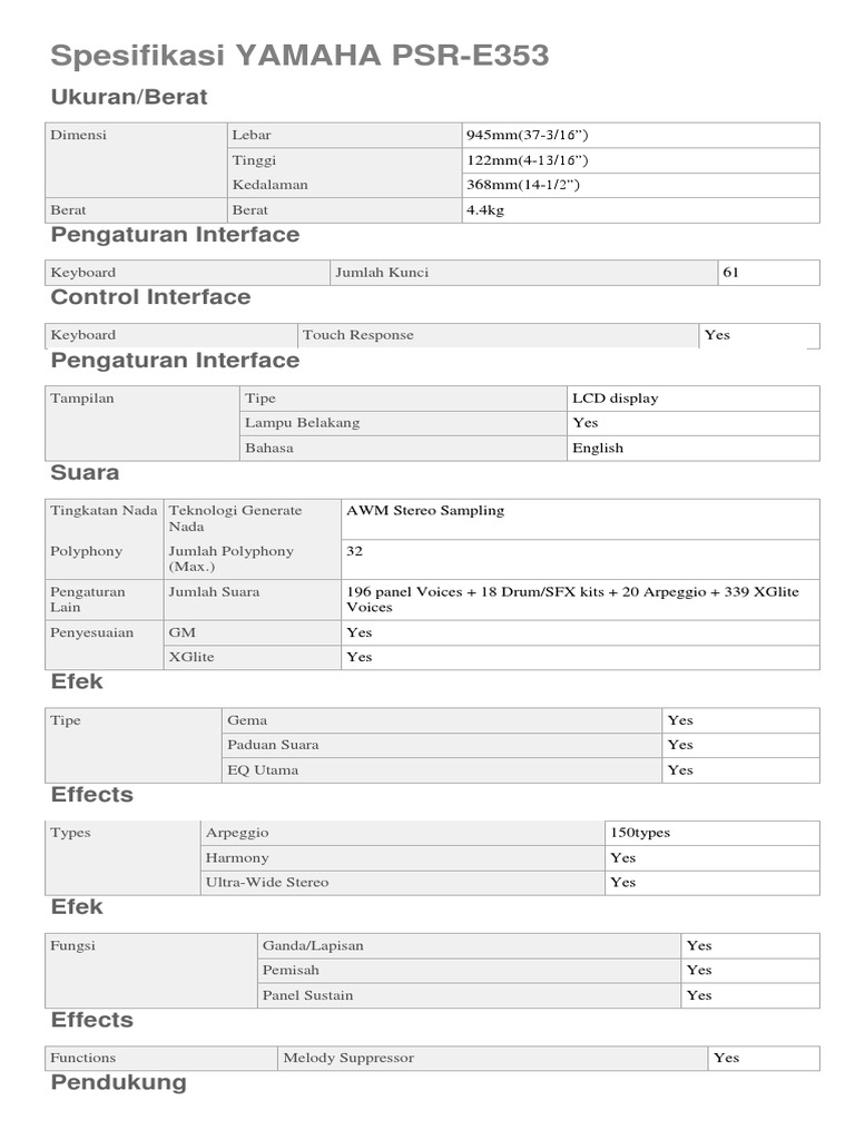 PSR-E353 Spesifikasi | PDF