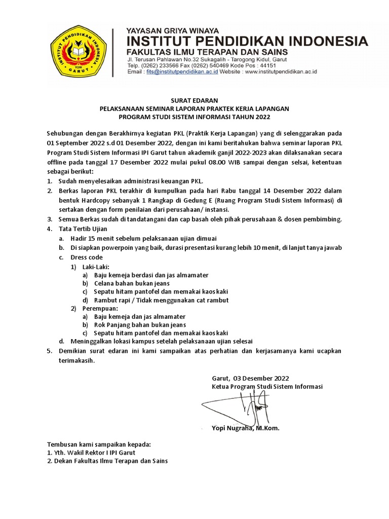 Surat Edaran Pelaksanaan Seminar PKL 2022 | PDF
