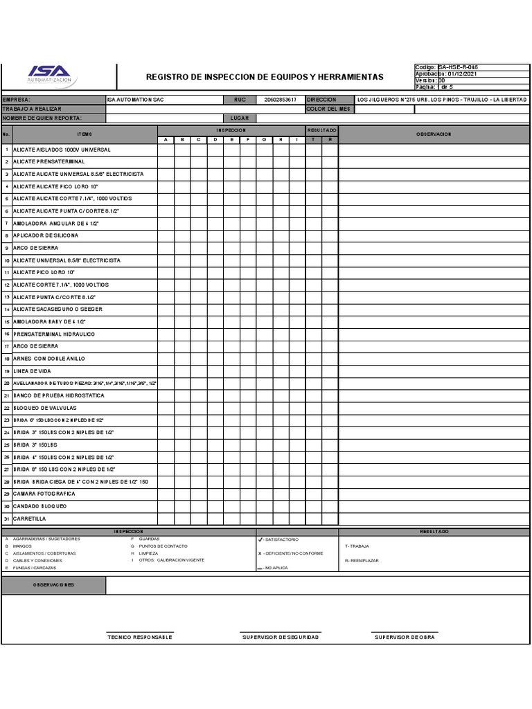 Isa-Hse-R-046 - Registro Inspeccion de Equipos y Herramientas | PDF | Instrumento de medición ...