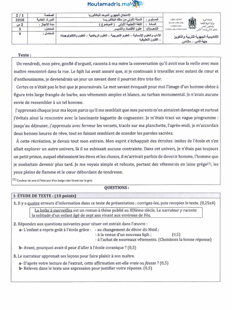 Examens Regional Fes Meknes FR 2018 N | PDF