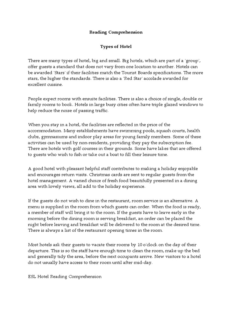 Reading Comprehension Hotel | Download Free PDF | Hotel | Restaurants