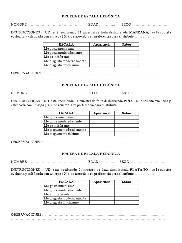 Prueba de Escala Hedónica | PDF | Frutas comestibles | Fruta