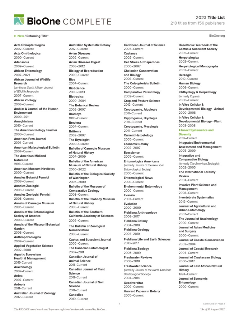 BioOne Complete 2023 - TitleList | PDF | Zoology | Natural History