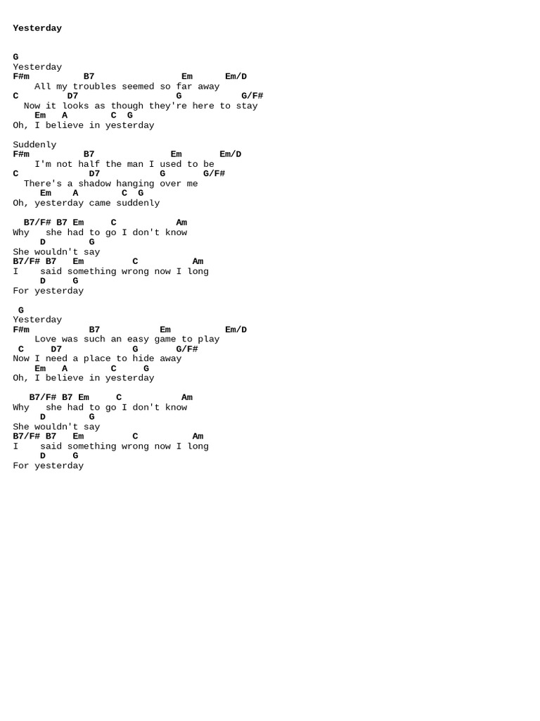 Yesterday Lyrics and Chords | PDF