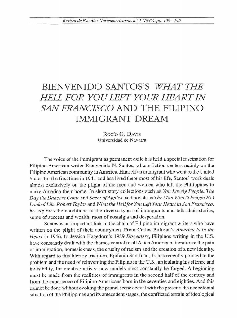 Bienvenido Santos'S: Hell Por You Left Your Heart in San Francisco and ...