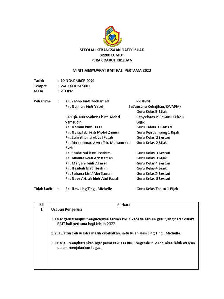 Minit Mesyuarat RMT Pertama 2022 | PDF