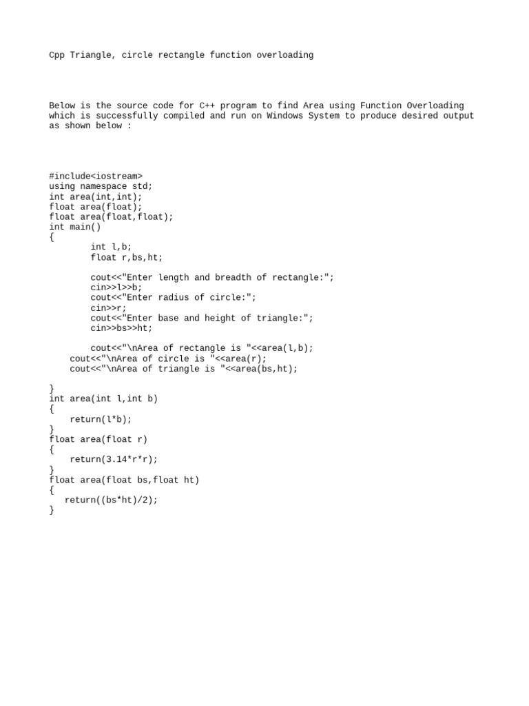 CPP Triangle, Circle Rectangle Function Overloading | PDF