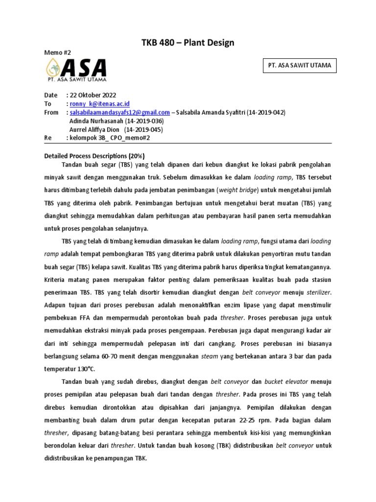 Kelompok 3B - Pabrik CPO Dari TBS - Memo#2 | PDF