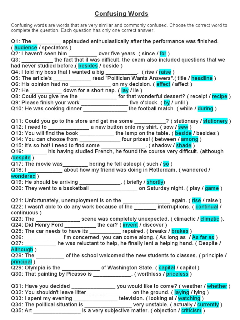 Confusing Words - Mixed Exercise | PDF