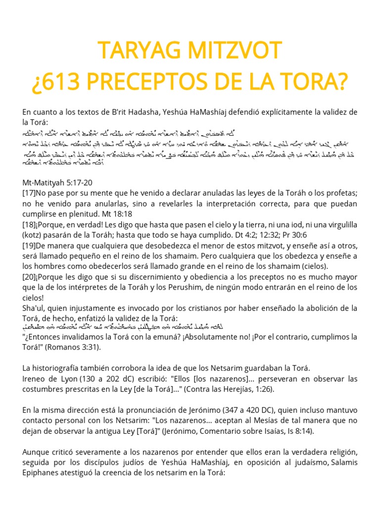 Taryag Mitzvot - 613 Preceptos de La Tora | PDF | Halakha | Diez ...