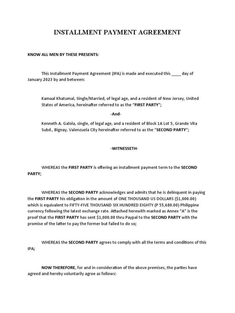 Installment Payment Agreement Template | PDF | United States Dollar ...