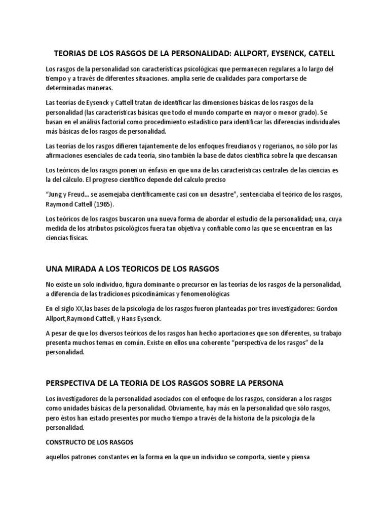 Teorías de Rasgos de Personalidad: Allport, Eysenck, Cattell | PDF ...