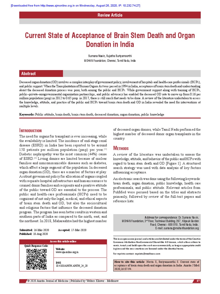 Current State of Acceptance of Brain Stem Death and Organ Donation in India | PDF | Organ ...