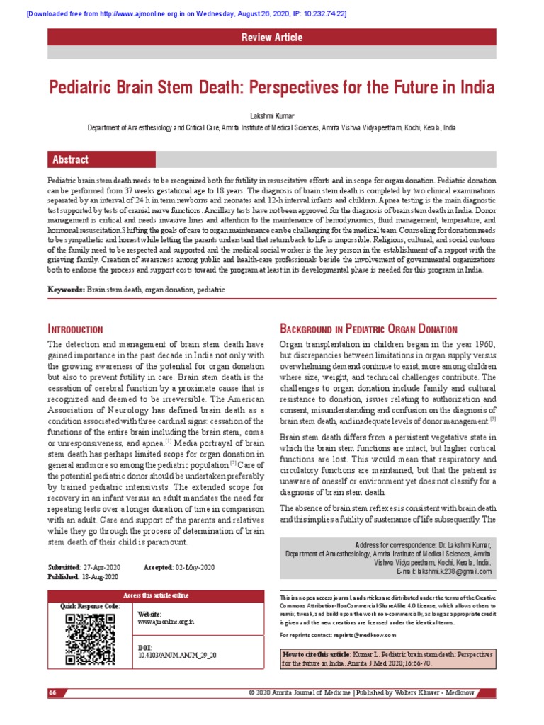 Pediatric Brain Stem Death - Perspectives For The Future in India | PDF | Death | Organ Donation