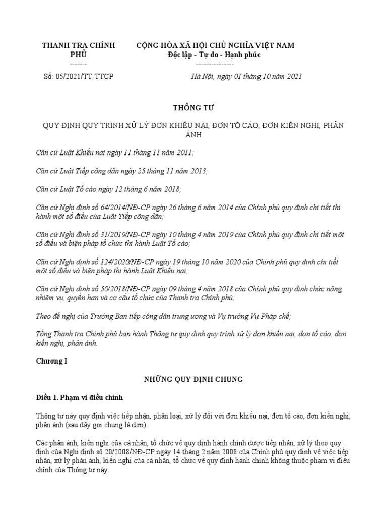 TT05.2021- QUY ĐỊNH QUY TRÌNH XỬ LÝ ĐƠN KHIẾU NẠI, ĐƠN TỐ CÁO, ĐƠN KIẾN NGHỊ, PHẢN ÁNH | PDF