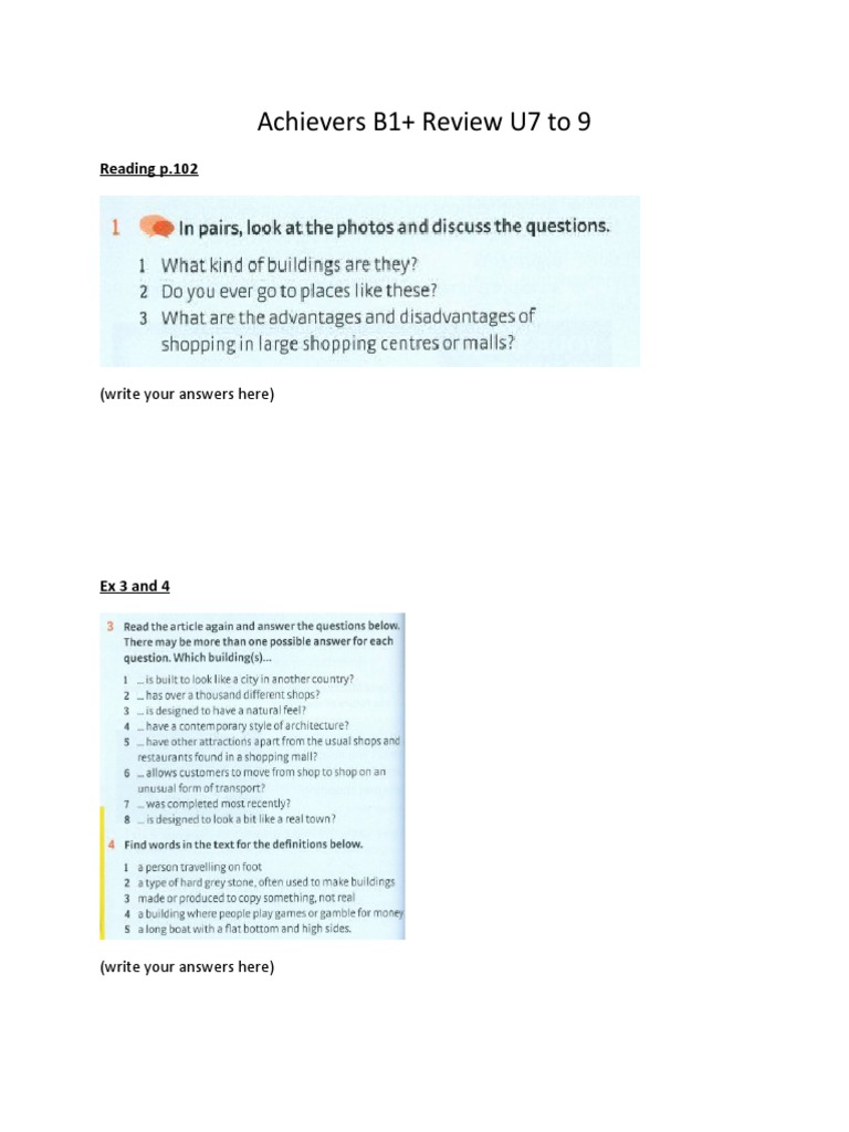 Achievers B1+ U7-9 Review Answer Sheet and Homework | PDF