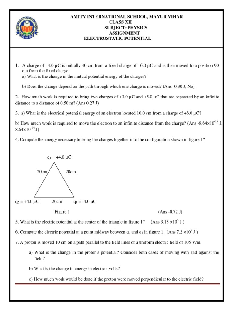 Assignment On Electrostatic Potential | PDF | Electron | Voltage